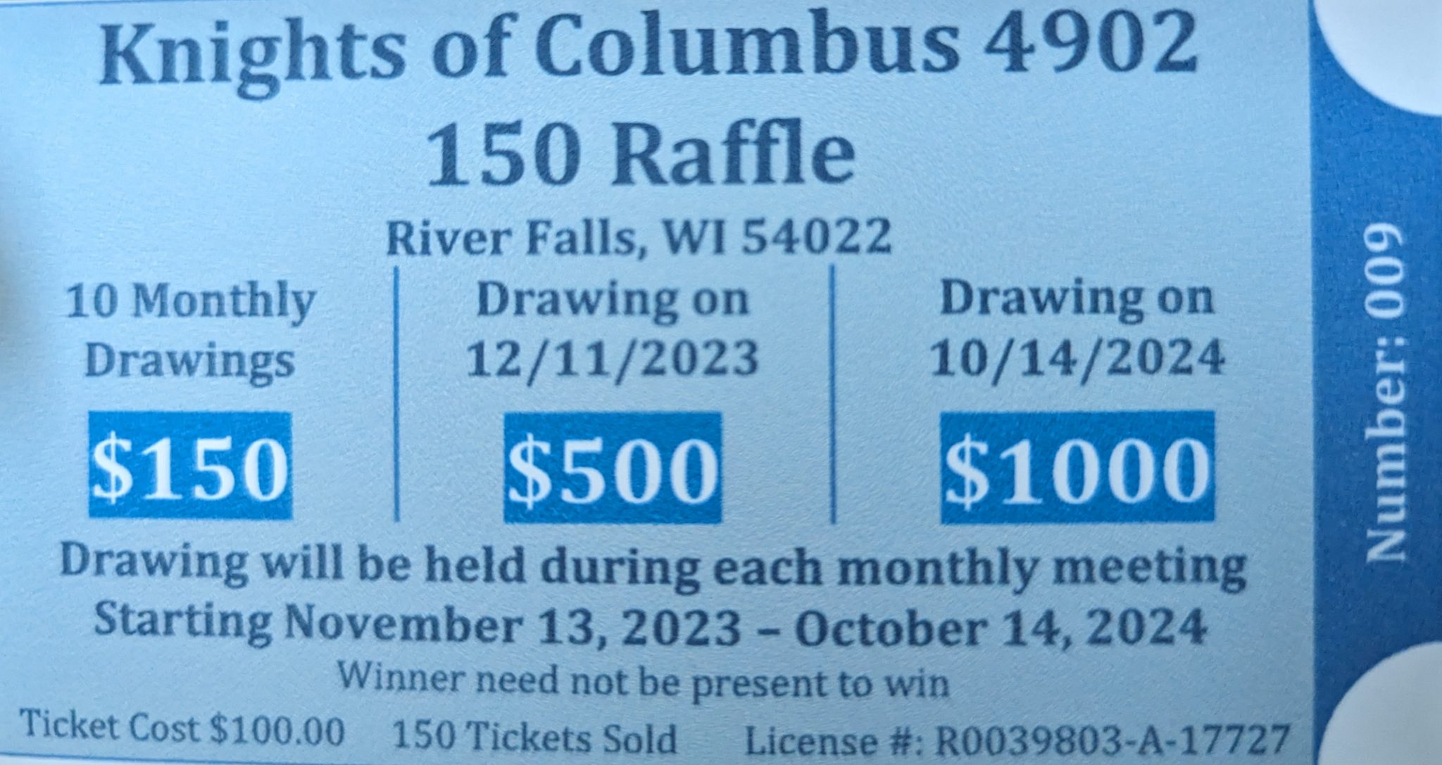 $150 RAFFLE – KC Council 4902